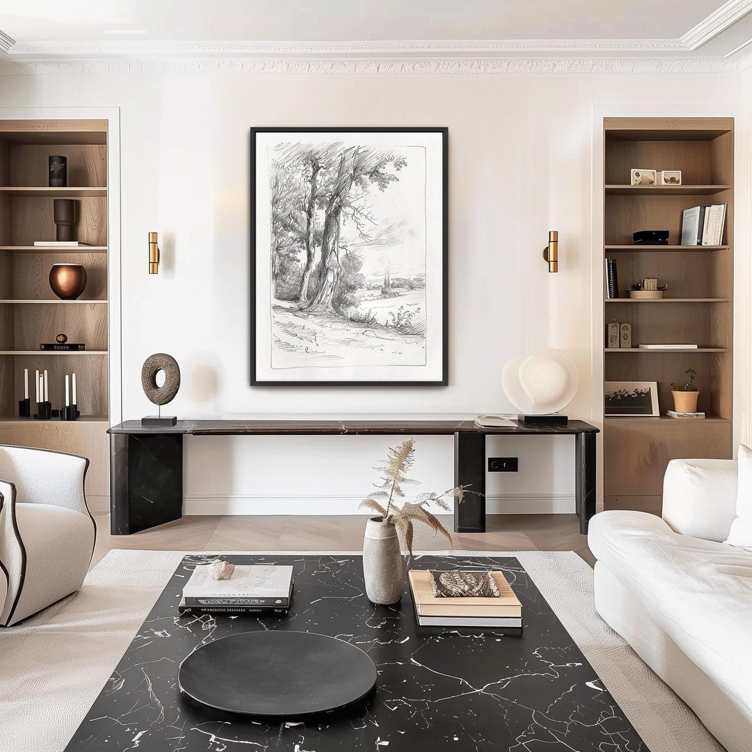 Vintage Landscape Sketch Art Print: Minimalist Pencil Drawing - Etsy