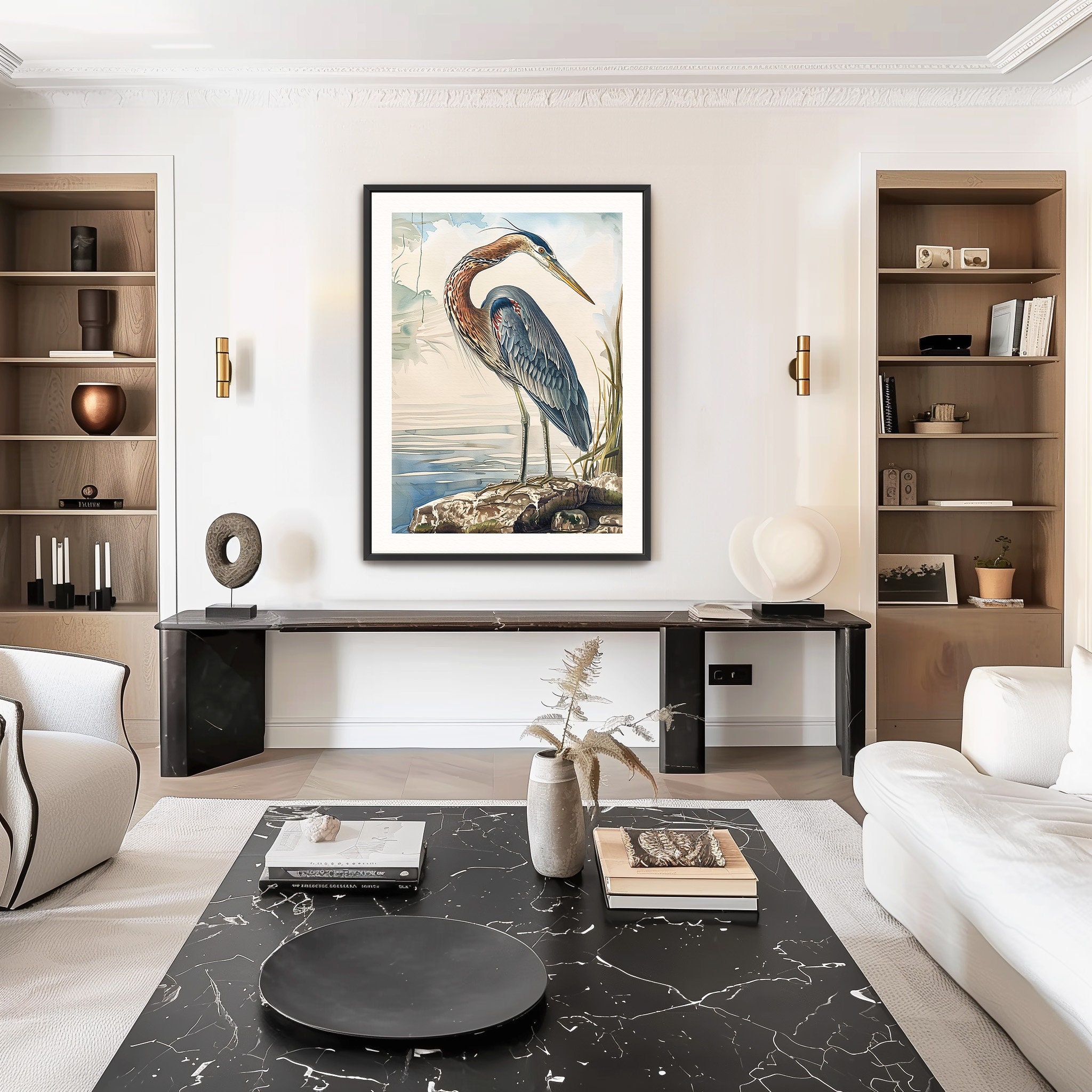 Vintage Heron Painting, Mid Century Modern Blue Heron Bird Art Print ...