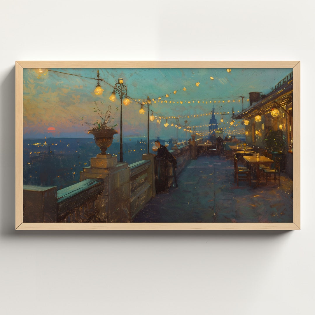 Vintage New York Summer Roof Top Bar Oil Painting, Impressionist Art ...
