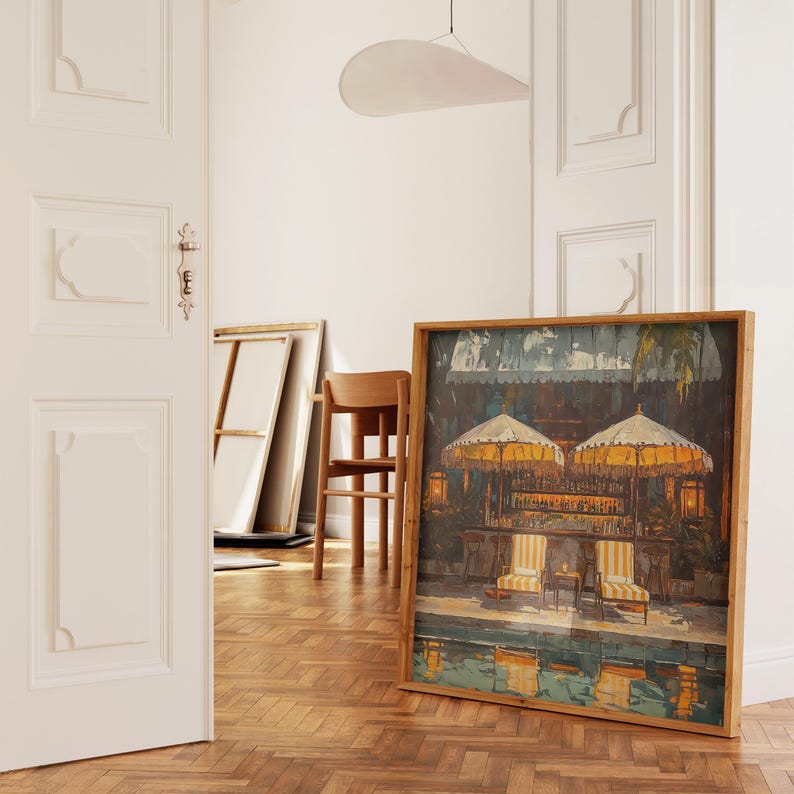 Poolside Bar Oil Painting Large Square Art Print, Luxurious Nightlife ...