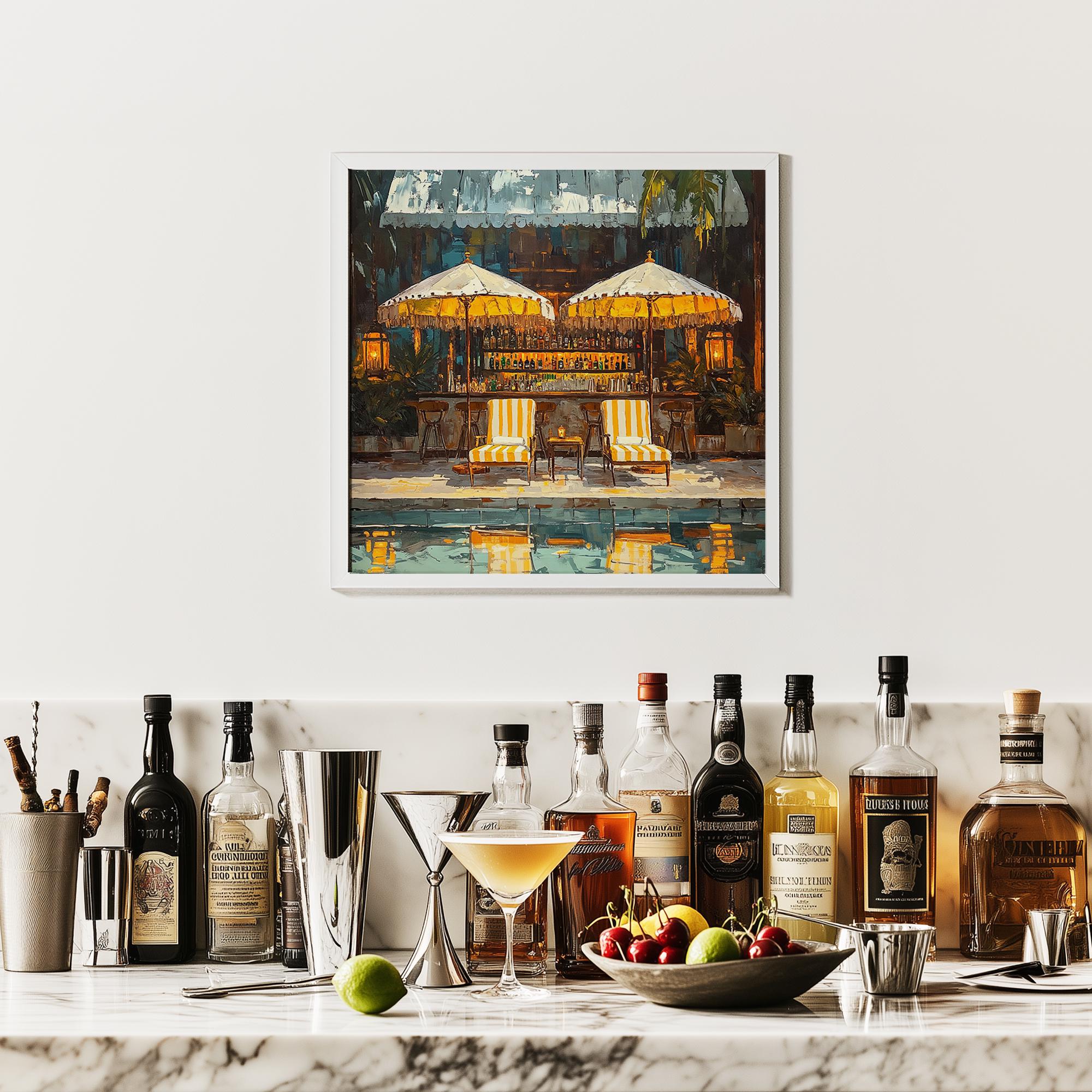Poolside Bar Oil Painting Large Square Art Print, Luxurious Nightlife ...