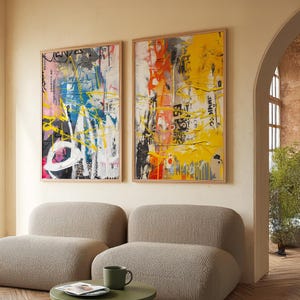 Yellow Graffiti Painting Modern Abstract Wall Art Set of 2 Prints ...