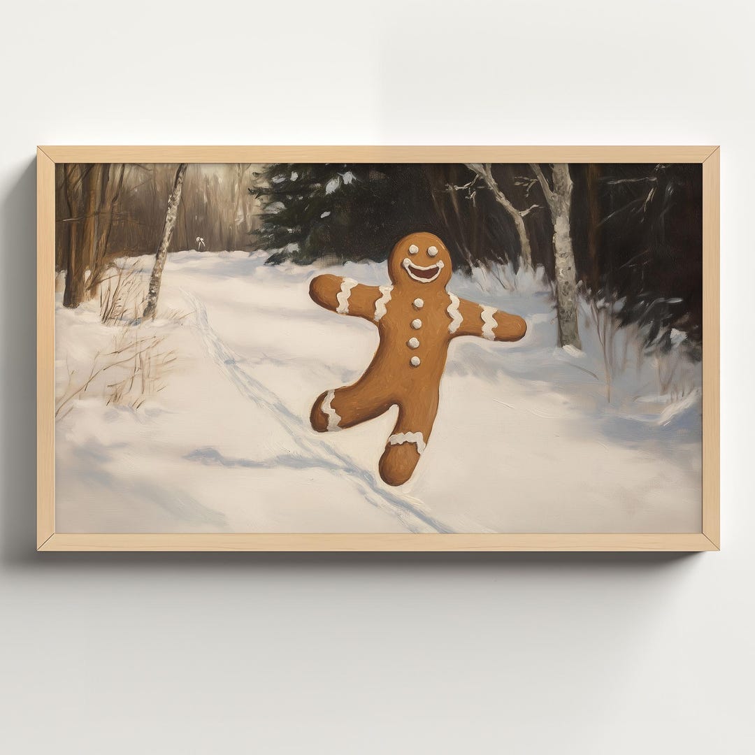 Gingerbread Man Running Frame TV Christmas Art, Vintage Oil Painting ...