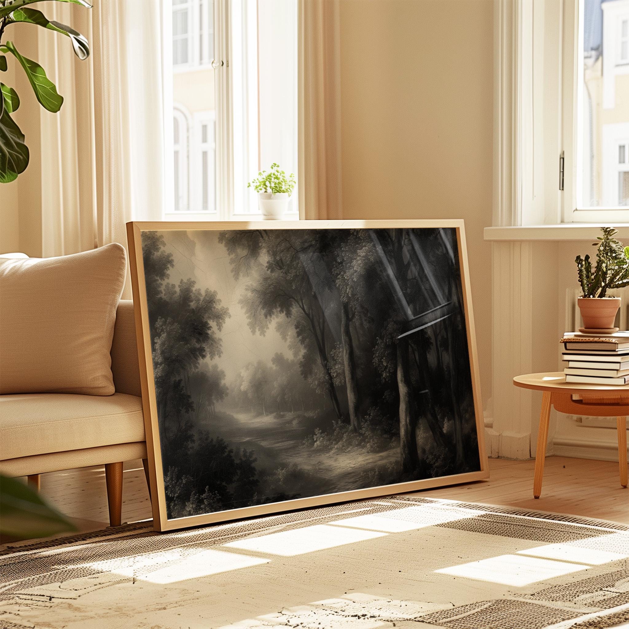 Vintage Monochromatic Forest Oil Painting Giclee Wall Art Print, Large ...