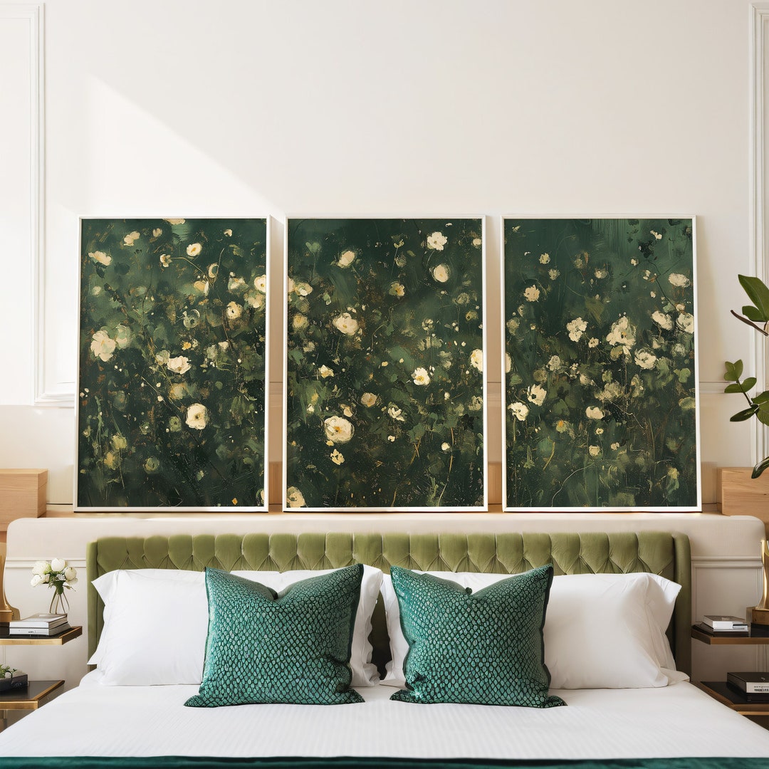 Dark Green Botanical Prints Set of 3, Abstract Floral Spring Art, Large ...