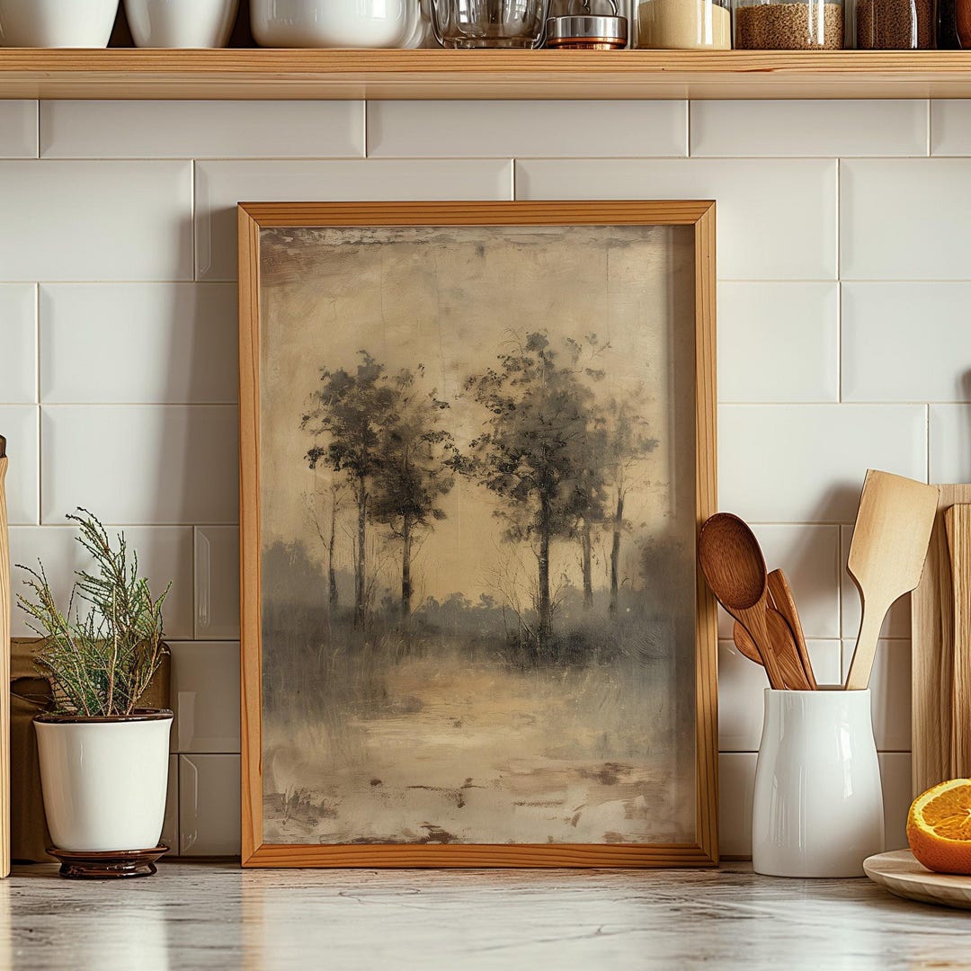 Vintage Landscape Painting Beige Trees, Vintage Art Prints, Antique ...