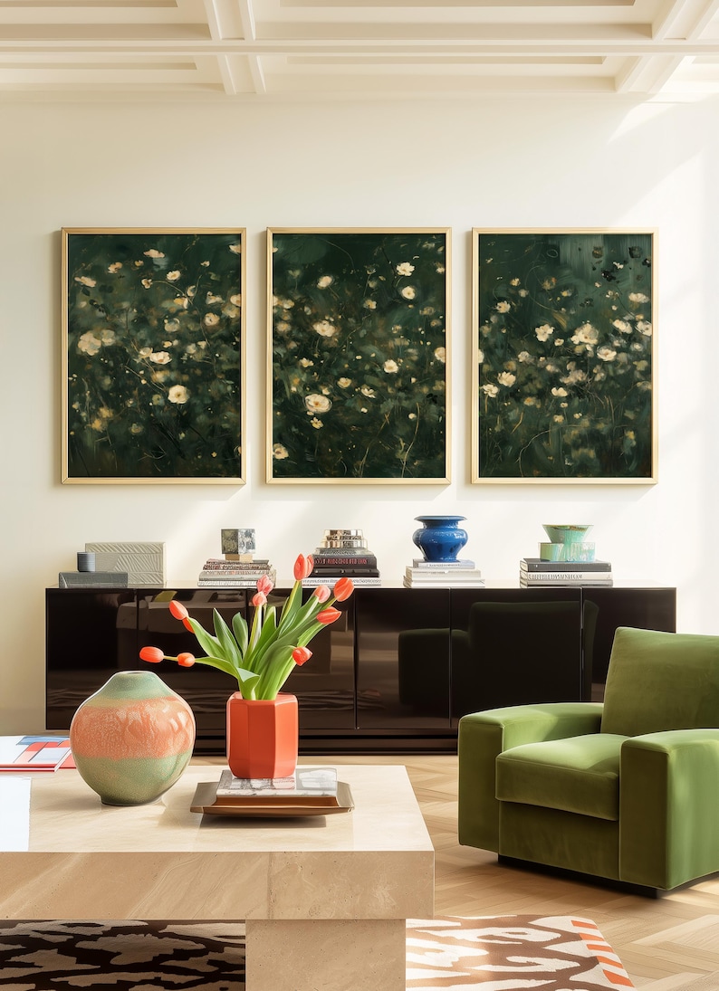 Dark Green Botanical Prints Set of 3, Abstract Floral Spring Art, Large ...