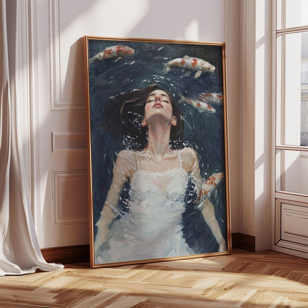 Beautiful Woman Swimming Oil Painting, Female Portrait Figure Print ...