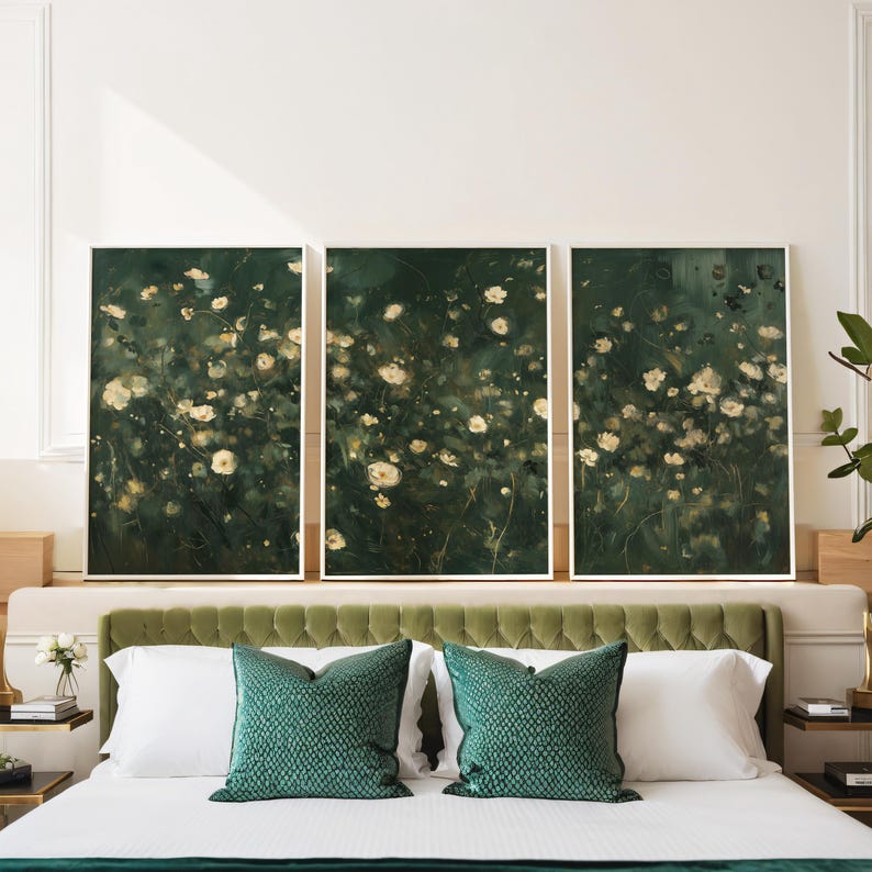 Dark Green Botanical Prints Set of 3, Abstract Floral Spring Art, Large ...