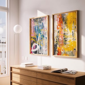 Yellow Graffiti Painting Modern Abstract Wall Art Set of 2 Prints ...