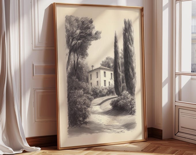 Vintage French Garden Drawing, Architecture Sketch Print, Paris Wall ...
