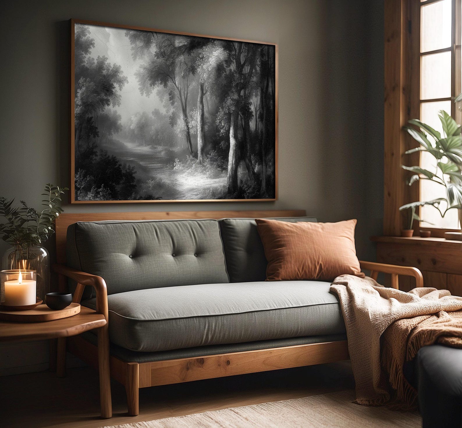 Vintage Monochromatic Forest Oil Painting Giclee Wall Art Print, Large ...