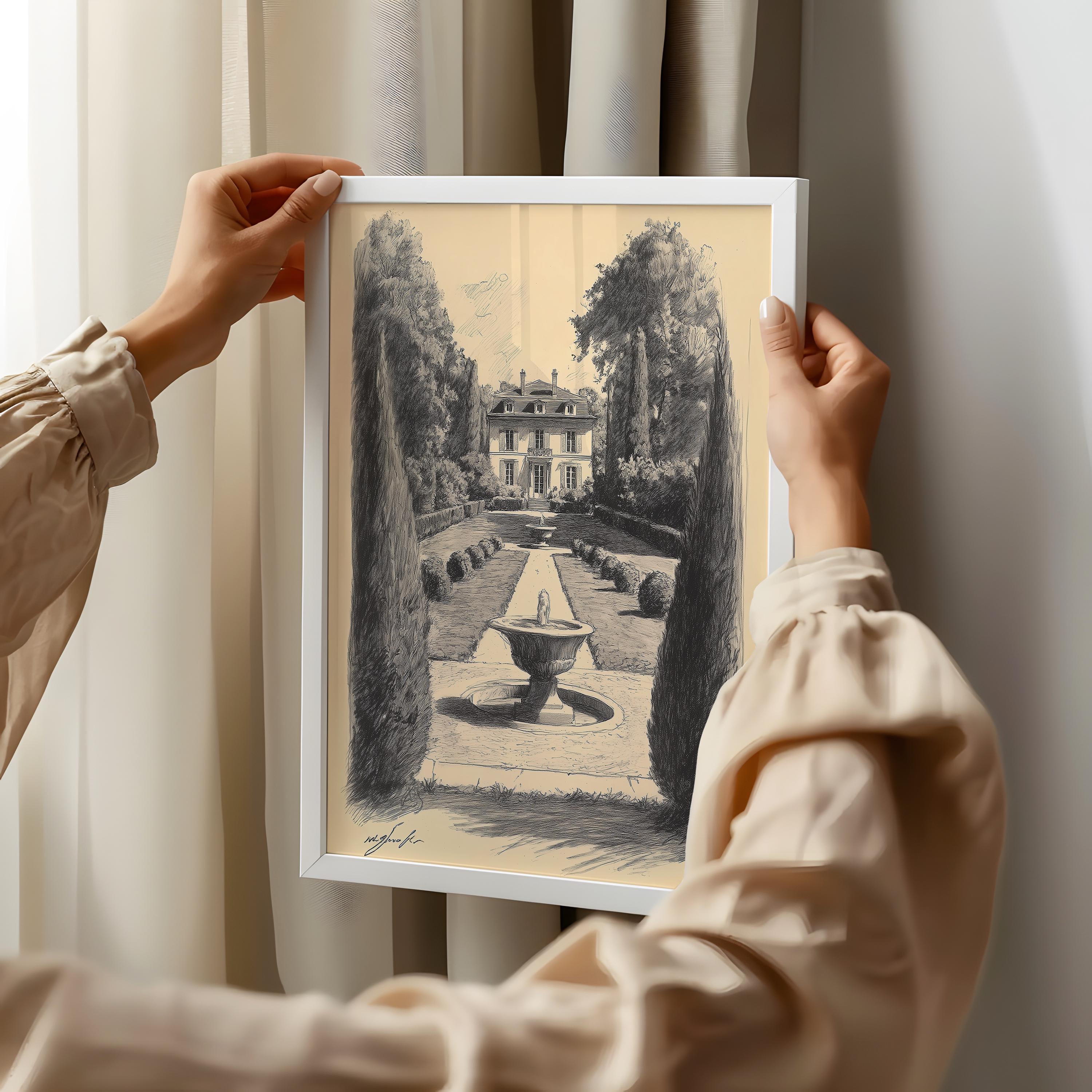 Vintage French Garden Drawing, Architecture Sketch Print, Paris Wall ...