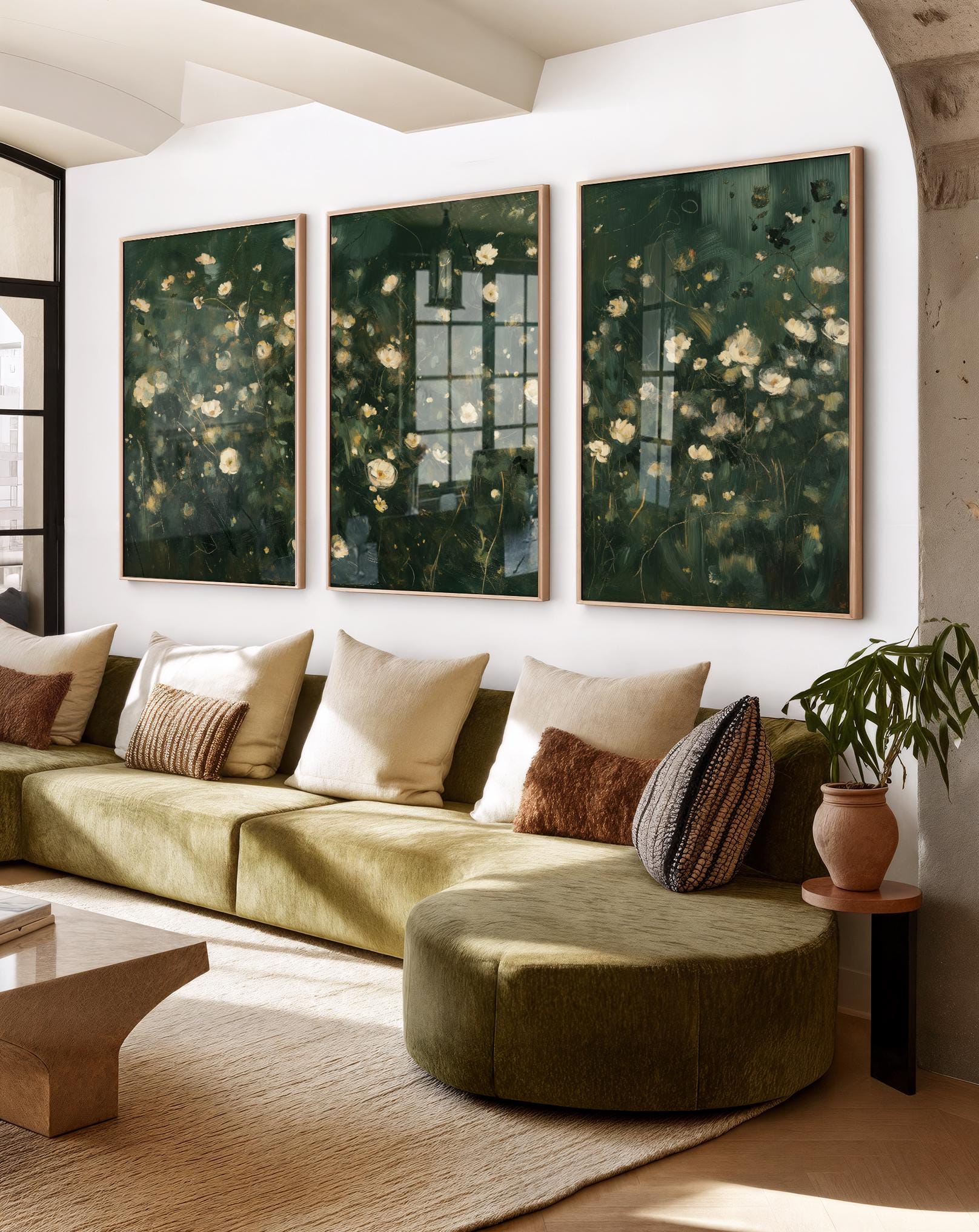 Dark Green Botanical Prints Set of 3, Abstract Floral Spring Art, Large ...