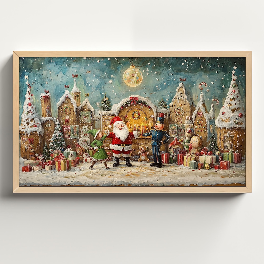 Santa Celebrating 3D Art Christmas Frame TV Art, Xmas Village Workshop ...