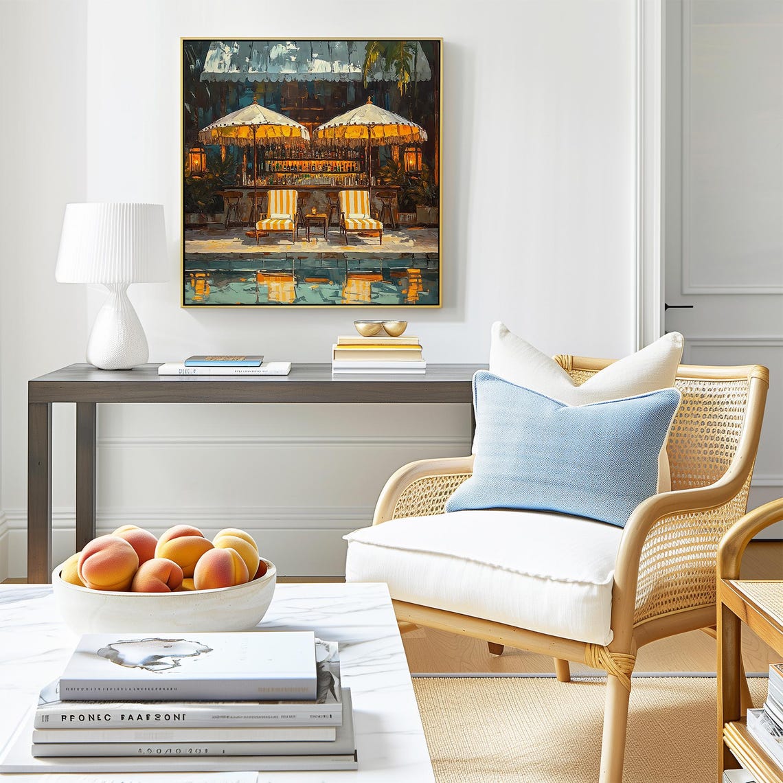 Poolside Bar Oil Painting Large Square Art Print, Luxurious Nightlife ...