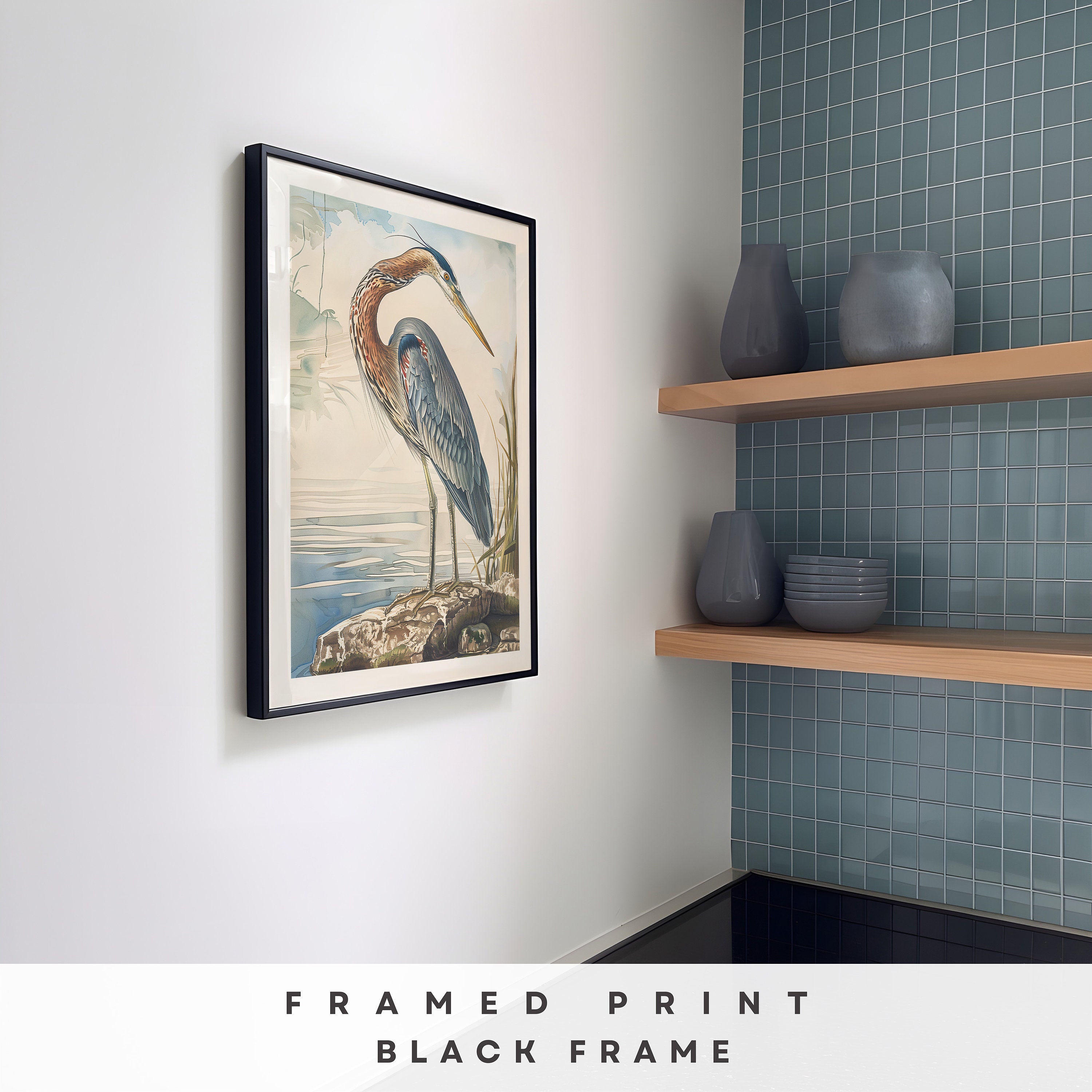 Vintage Heron Painting, Mid Century Modern Blue Heron Bird Art Print ...