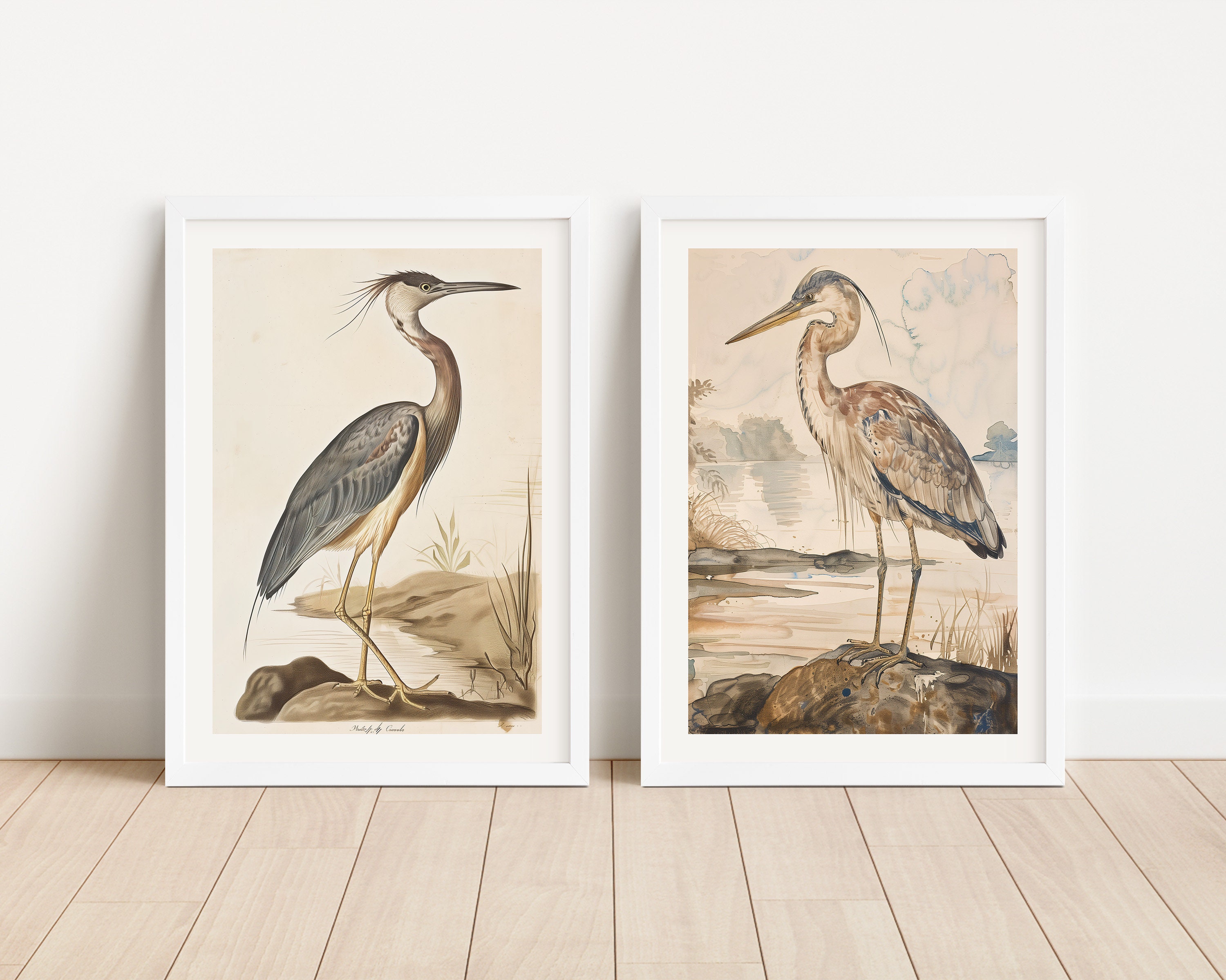 Vintage Heron Painting Bird Art Prints Set of 2, Gallery Wall Set ...