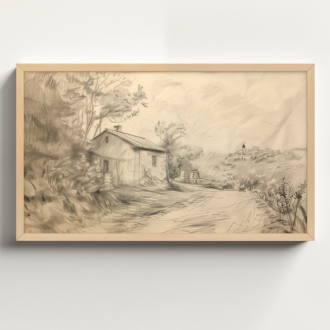 Samsung Frame TV Art, Vintage Rustic Landscape Sketch DIGITAL Download ...