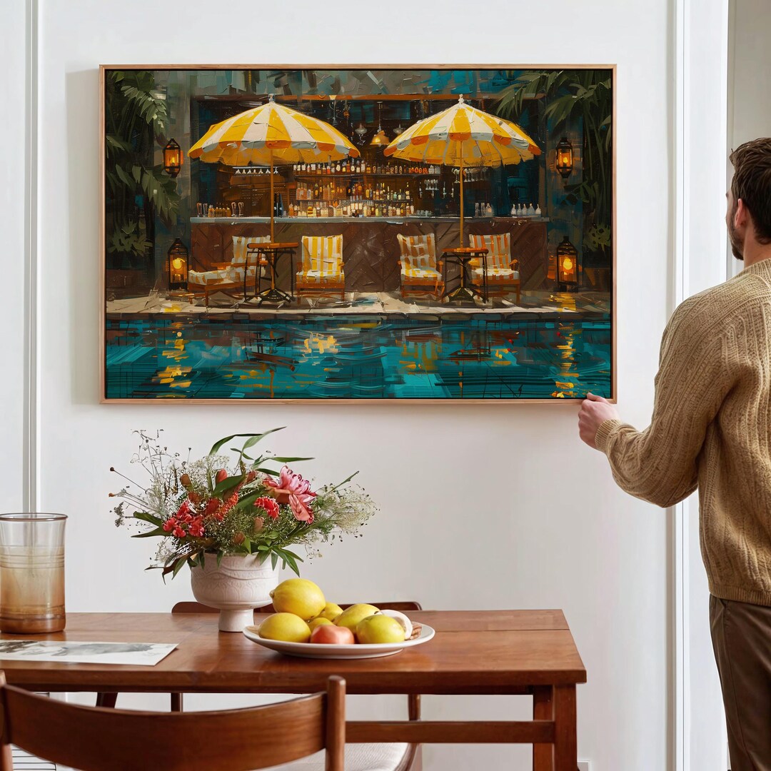 Poolside Bar Oil Painting Large Square Art Print, Luxurious Nightlife ...