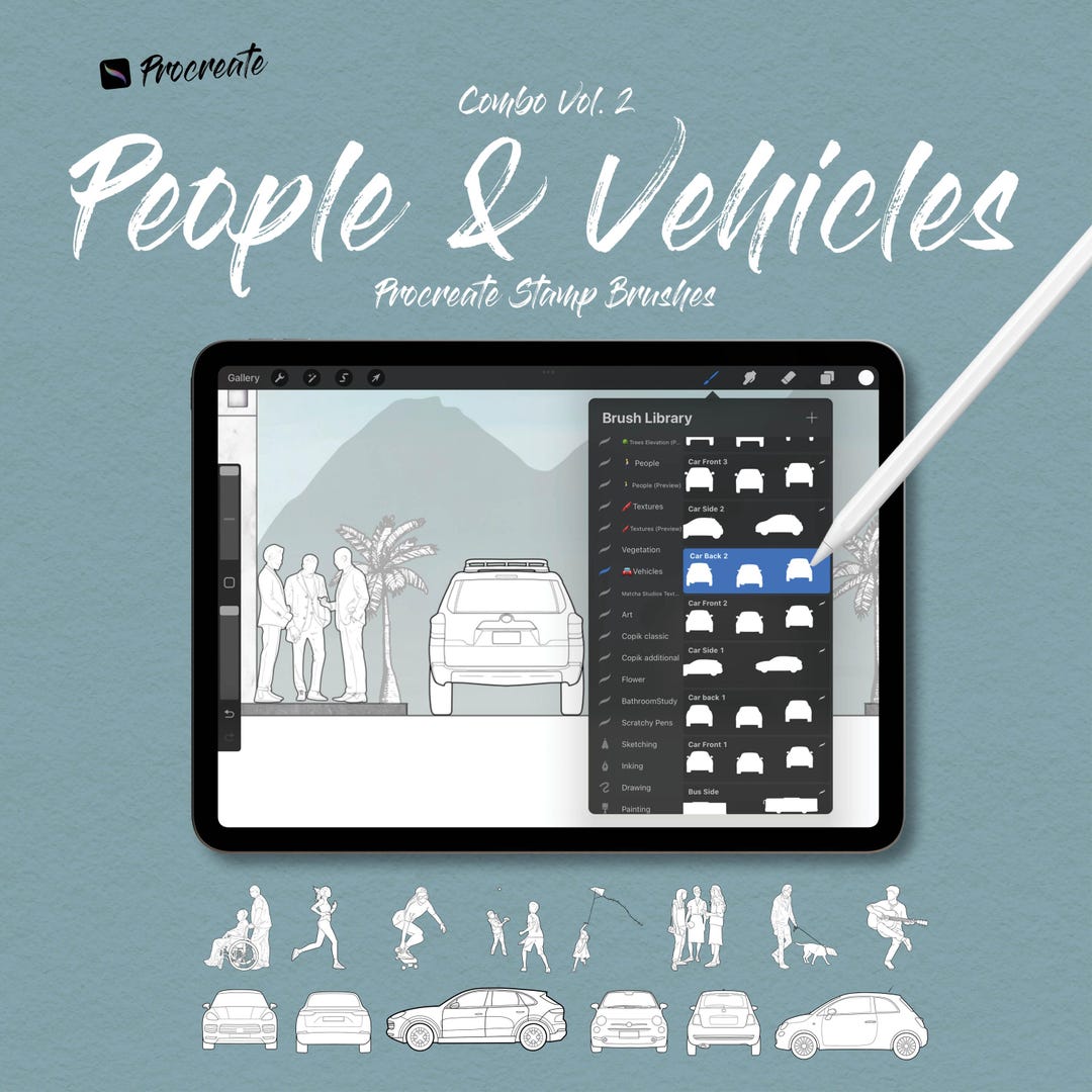 Architecture Procreate Combo Volume 2 People and Vehicle Stamp Brushes, Car and Bus Stamps ...