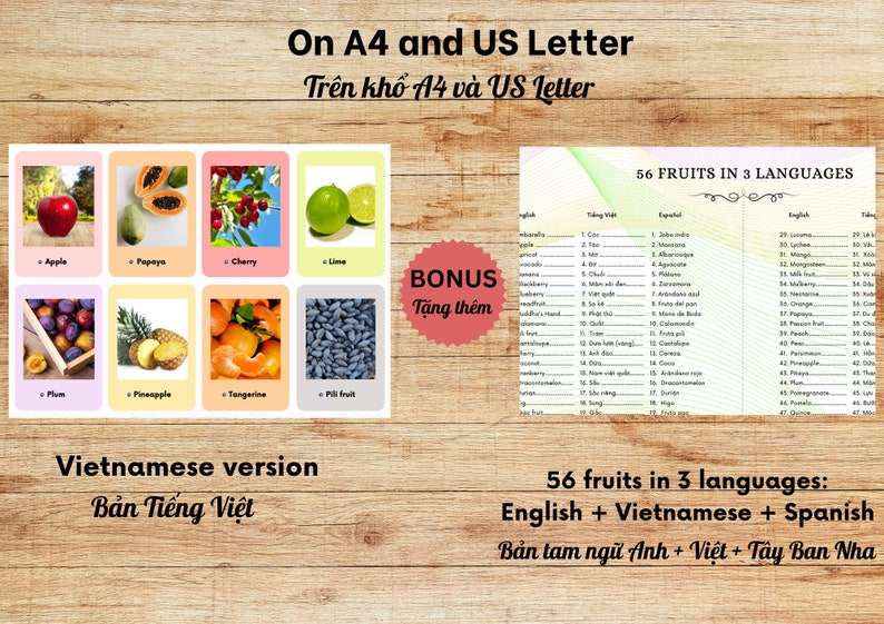 56 Vietnamese Flashcards/ BONUS Trilingual Fruit List in 3 Languages ...