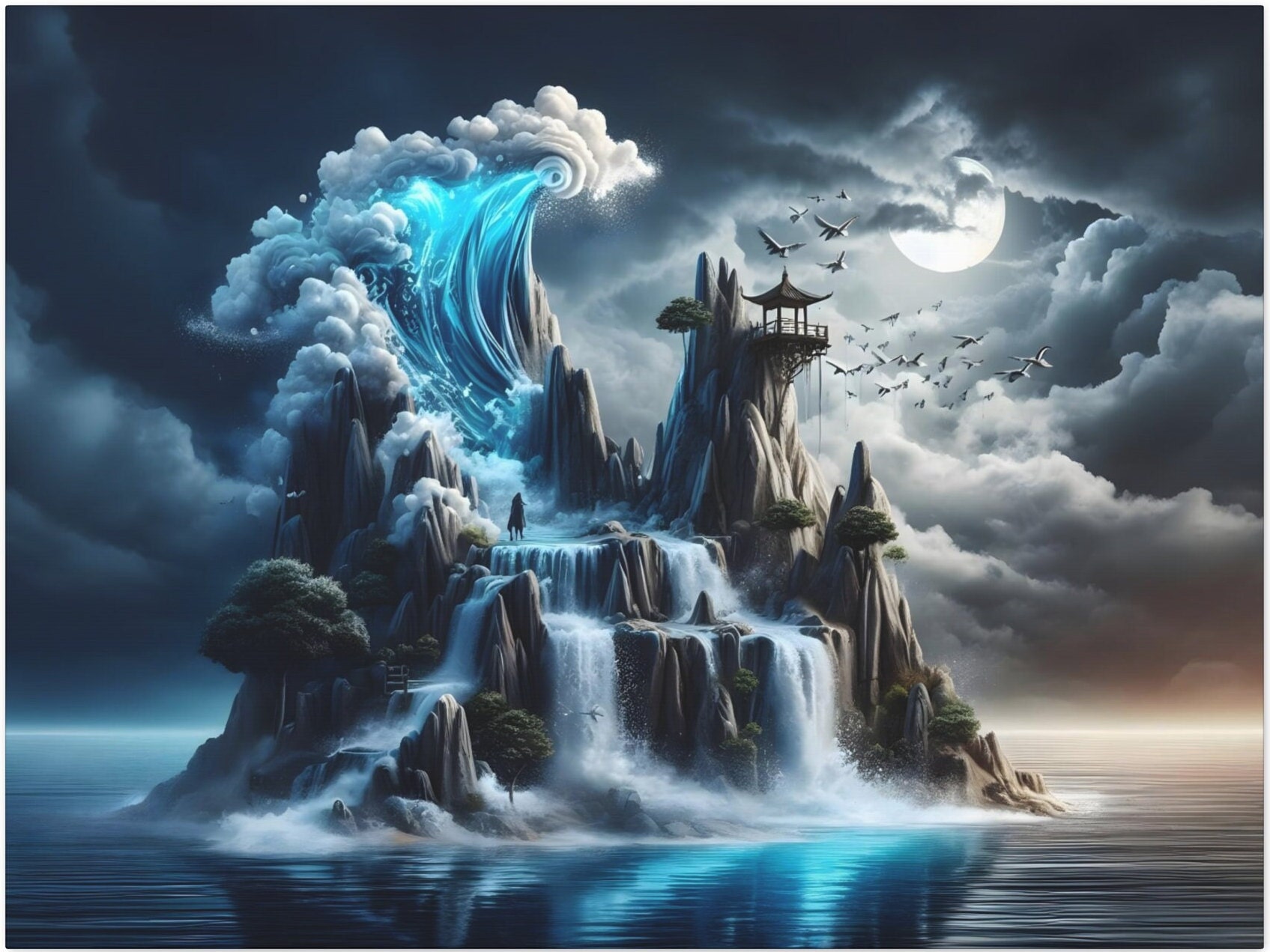 Abstract Island With Waterfalls, Waves, and Life Print,wave Art,wave ...