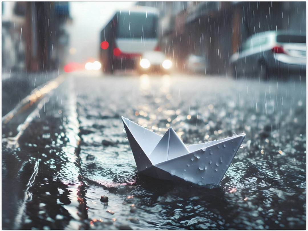 Paper Boat Floating Down the Gutter of a Busy Street Print, Canvas Art ...