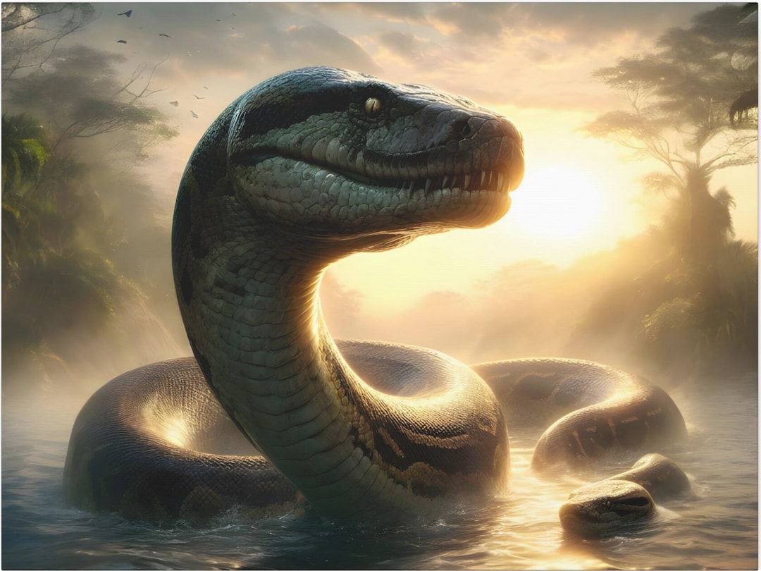 Prehistoric Titan Boa Surfing a Shallow River Print, Large Snake Print ...