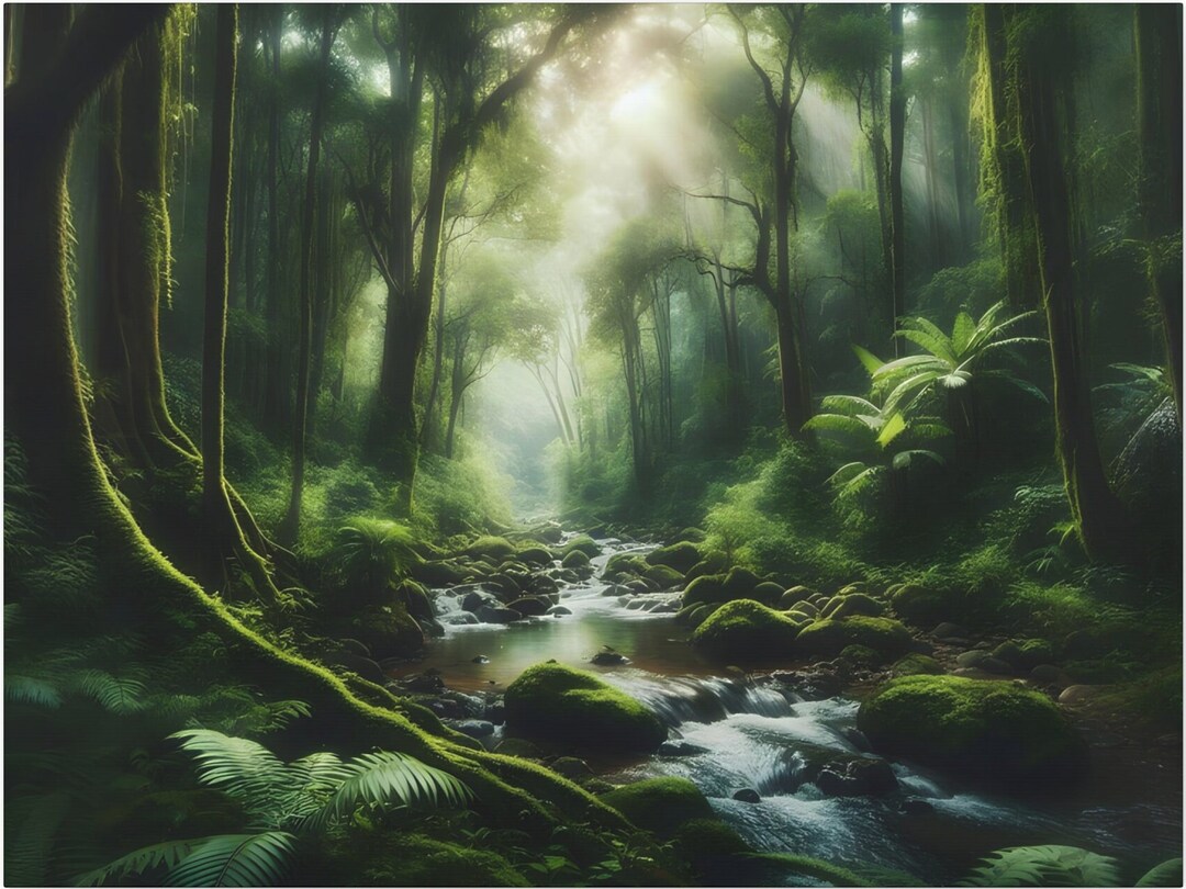 A Bubbling Brook Running Through a Dense Jungle Print,jungle Art Print ...