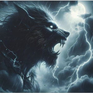 Ferocious Werewolf Growling at the Moon During a Lightning Storm Print ...