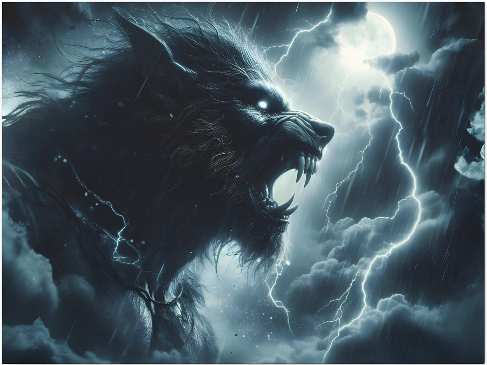 Ferocious Werewolf Growling at the Moon During a Lightning Storm Print ...