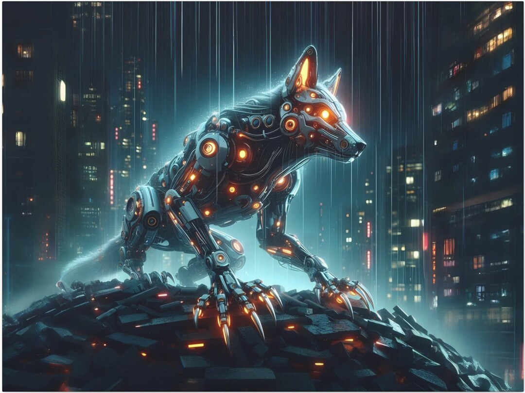 Cybernetic Wolf in Rainy Cityscape: Futuristic Illuminated Mechanical ...