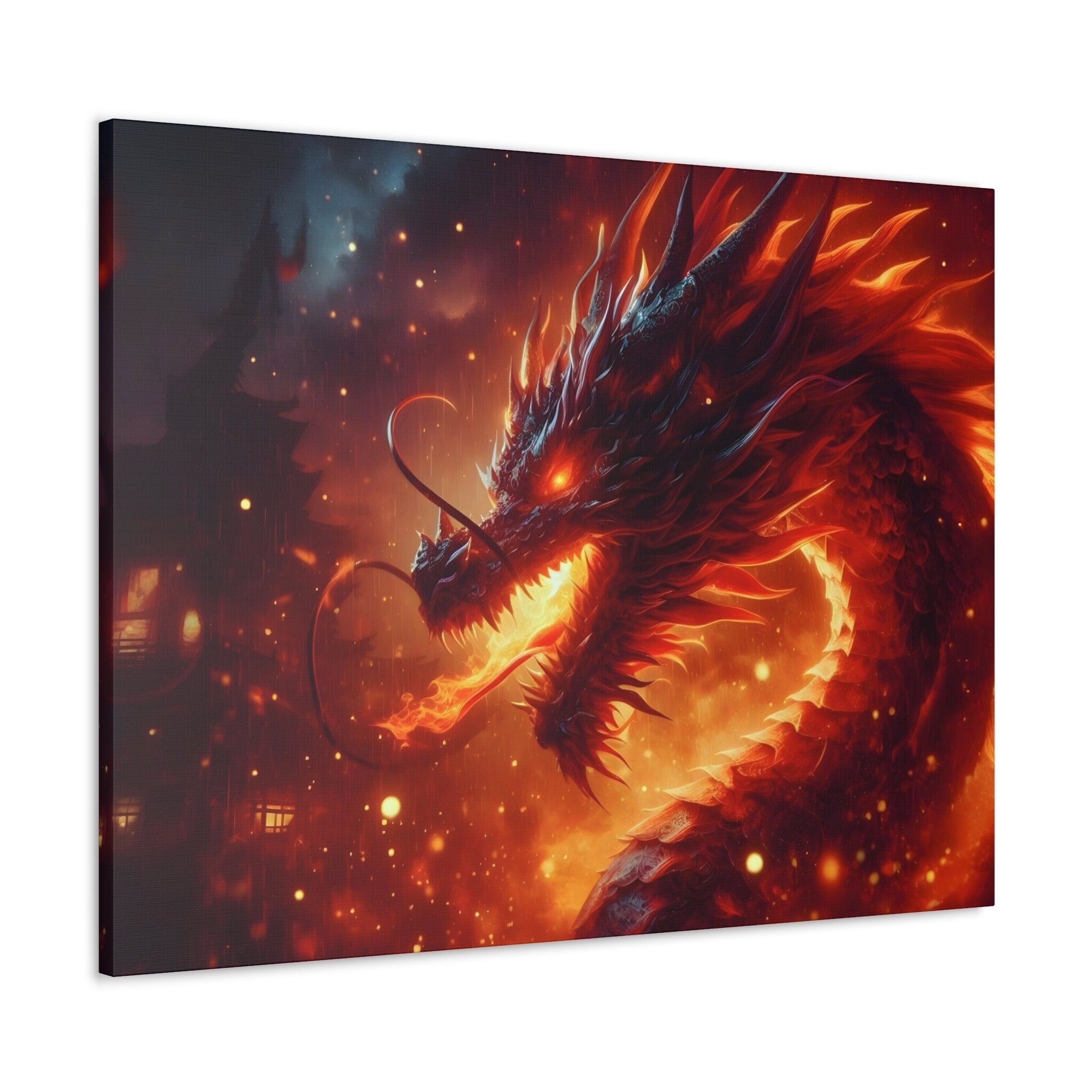 Burning City Fire Dragon Canvas Wall Art Mystical Embers Fantasy Decor ...