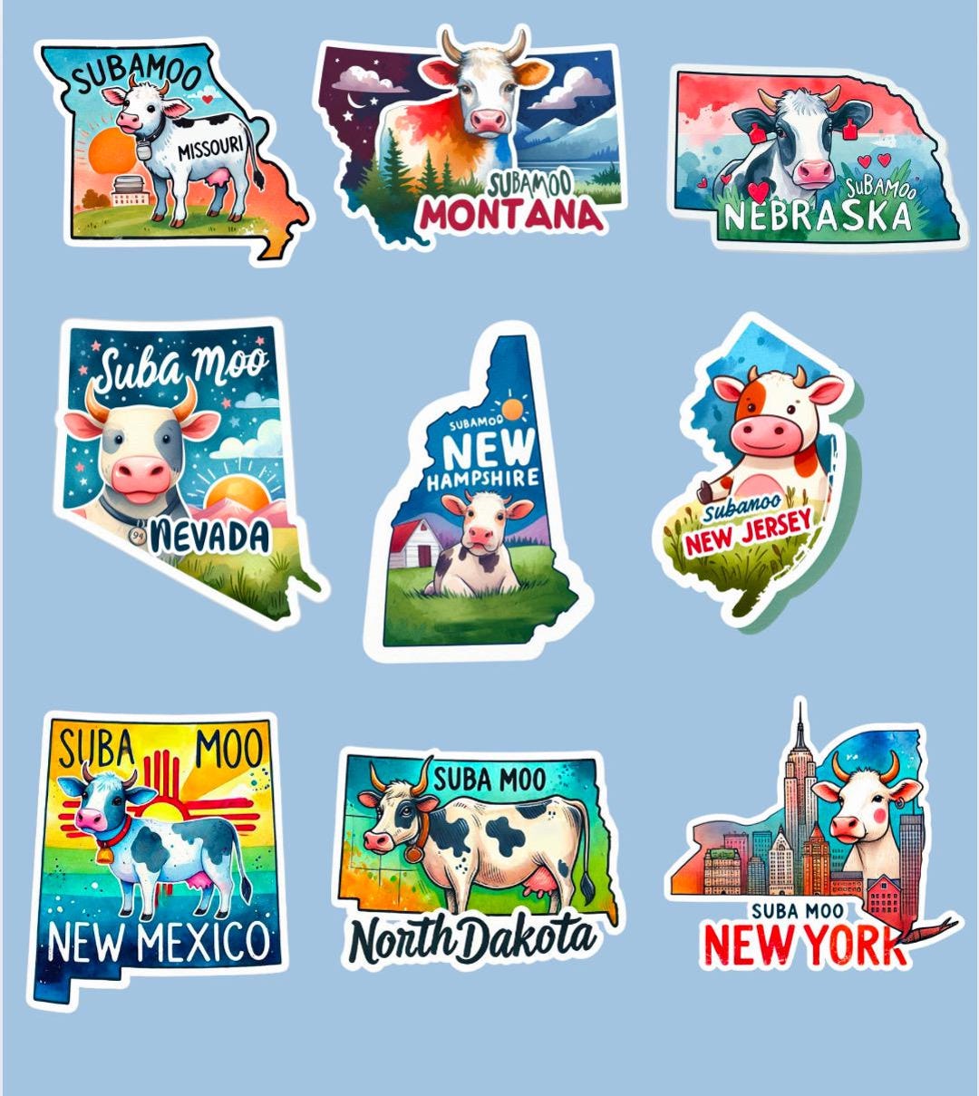 Subamoo Stickers BLUE PACK- All 50 States- Moo Moo by State Stickers - Etsy