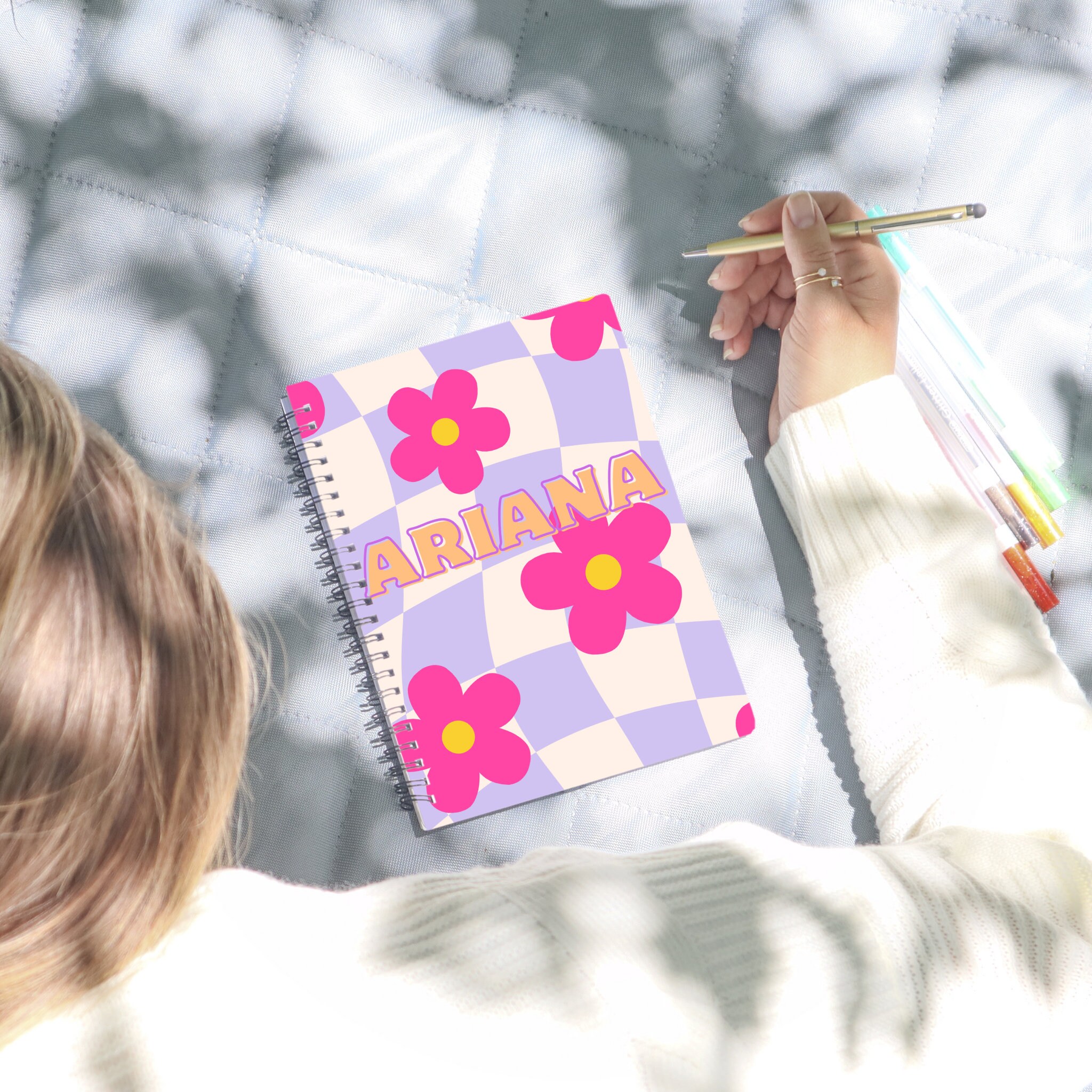 Personalized Spiral Notebook Retro Flower Checkered Pattern Flower ...