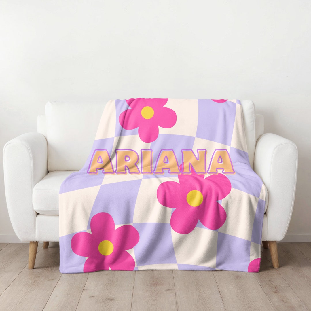 Personalized Retro Flower Plush Blanket Checkered Pattern Retro Flower ...
