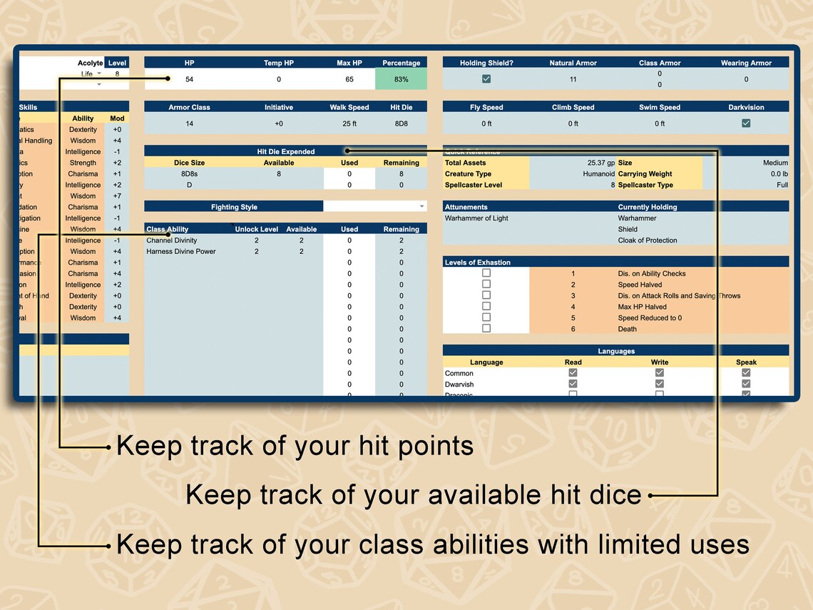 Automated D&D Character Sheet Spreadsheet - 2014 Edition - Streamlined ...