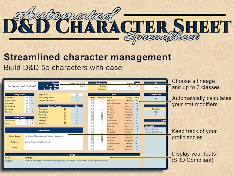 Automated Dandd Character Sheet Spreadsheet Streamlined Character Management Etsy 8587