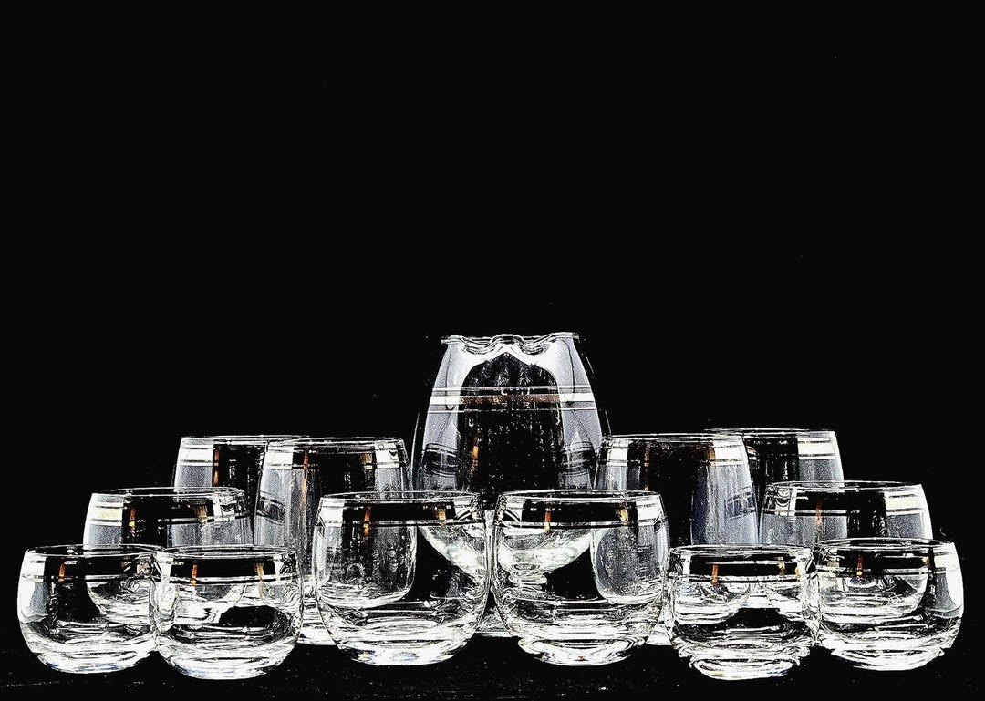 MCM Triple Silver Stripe Roly Poly Glasses + Matching Pedestal Cocktail ...