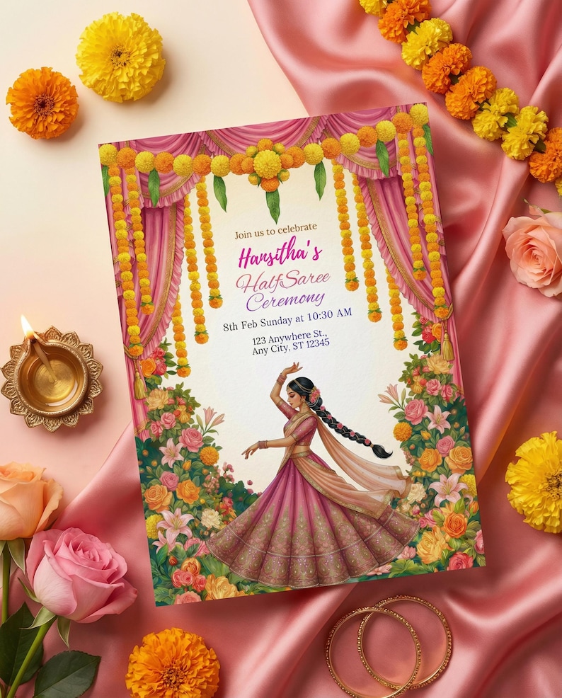 Half Saree Ceremony Invitation: Puberty Function Editable Canva ...