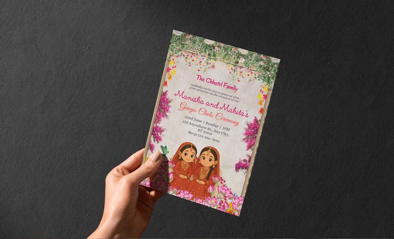 Twin Sister Gunyo Cholo Invitation: Nepali Half Saree Ceremony (canva ...