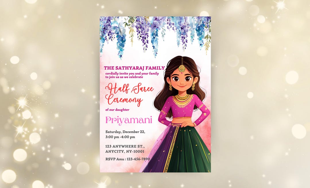 Half Saree Invitation 5x7, Editable Half Saree Ceremony Invitation ...