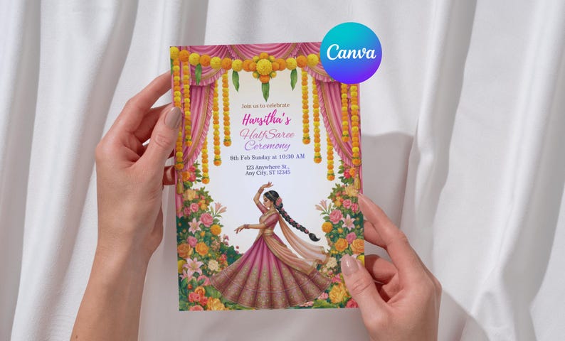 Half Saree Ceremony Invitation: Puberty Function Editable Canva ...