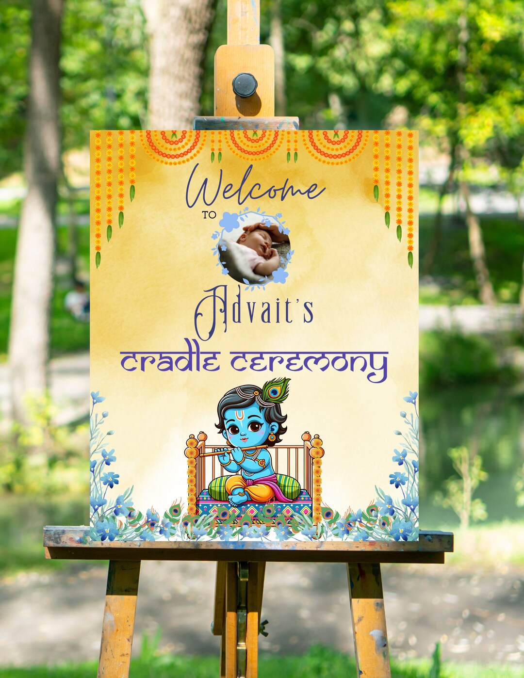 Editable Krishna Indian Cradle Ceremony Welcome Sign, Namkaran Ceremony ...