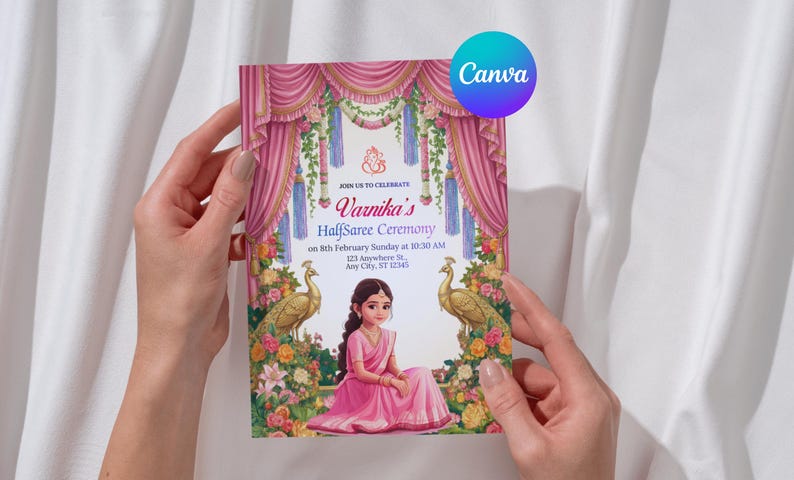 Half Saree Ceremony Invitation: Puberty Function Editable Canva ...