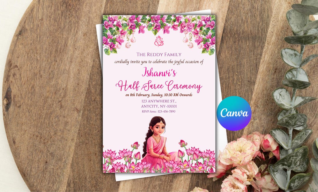 Half Saree Invitation 5x7, Editable Half Saree Ceremony Invitation ...