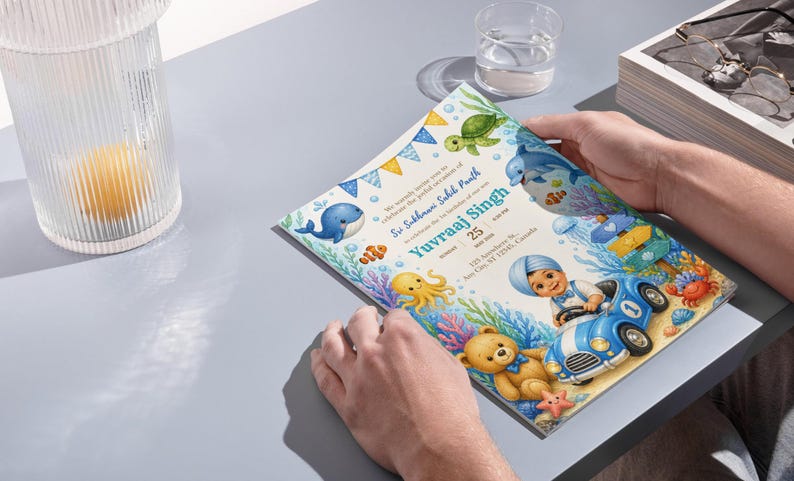 Sikh 1st Birthday Invitation, Under the Sea, Baby Boy, Sri Sukhmani ...