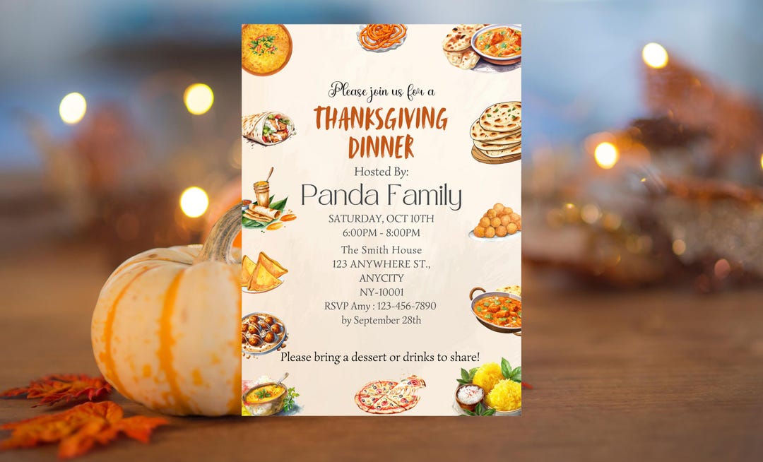Indian Thanksgiving Dinner Invitation: Editable Festive Potluck Invite ...