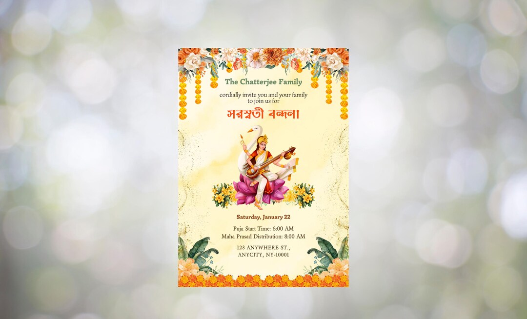 Saraswati Puja Invitation: Vasant Panchami, Editable Template (digital ...